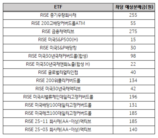 [표] KB자산운용 RISE ETF 11월 분배금 내역